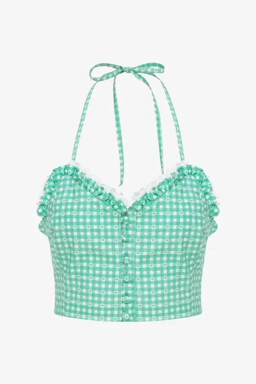 JE TE VEUX Gingham Crop Bustier Top With Lace Trim - Green