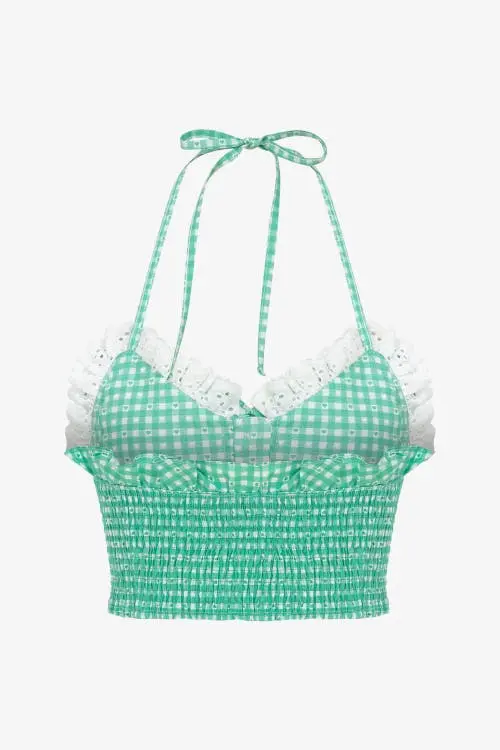 JE TE VEUX Gingham Crop Bustier Top With Lace Trim - Green