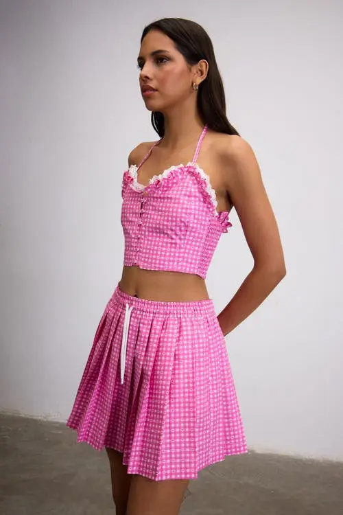 JE TE VEUX Gingham Crop Bustier Top With Lace Trim - Pink