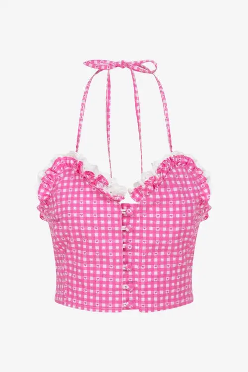 JE TE VEUX Gingham Crop Bustier Top With Lace Trim - Pink