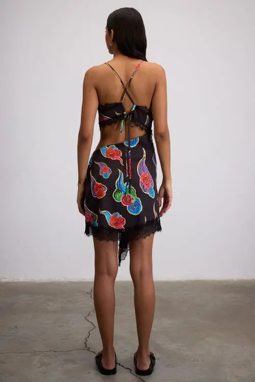 JE TE VEUX Sora Cloud Print Mini Dress With Lace Trim