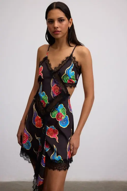 JE TE VEUX Sora Cloud Print Mini Dress With Lace Trim