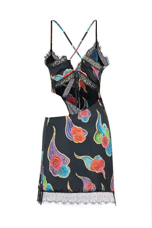 JE TE VEUX Sora Cloud Print Mini Dress With Lace Trim