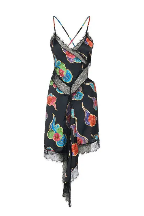 JE TE VEUX Sora Cloud Print Mini Dress With Lace Trim