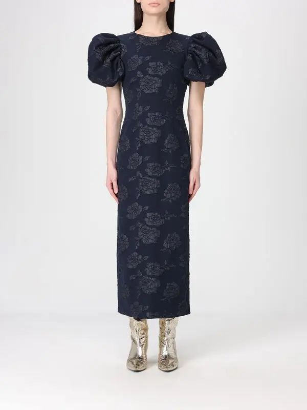 ROTATE BY BIRGER CHRISTENSEN Jacquard Puff Sleeve Midi Dress - Blue