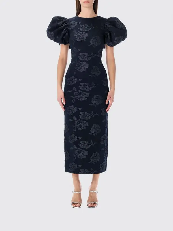 ROTATE BY BIRGER CHRISTENSEN Jacquard Puff Sleeve Midi Dress - Blue