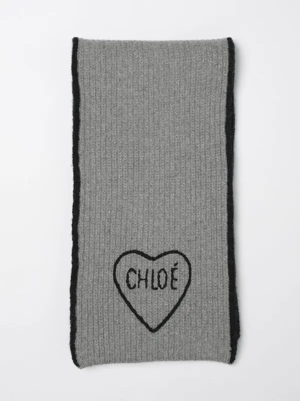 Chloé Wool Blend Scarf With Contrasting Logo And Trim - Grey