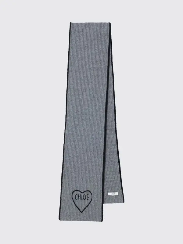 Chloé Wool Blend Scarf With Contrasting Logo And Trim - Grey