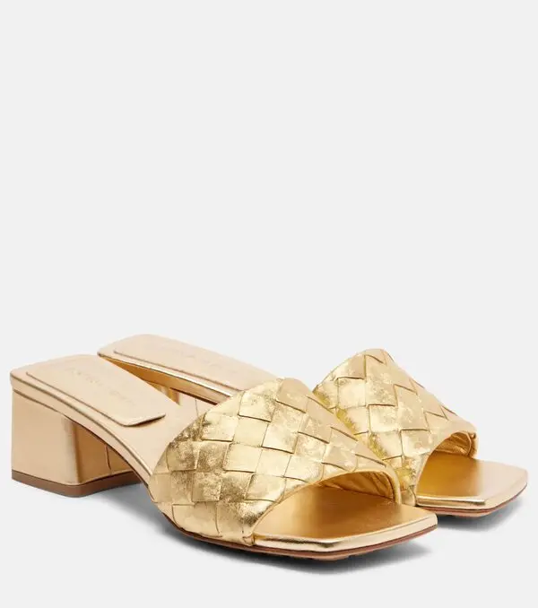 Bottega Veneta Parco Intrecciato Metallic Leather Mules - Gold