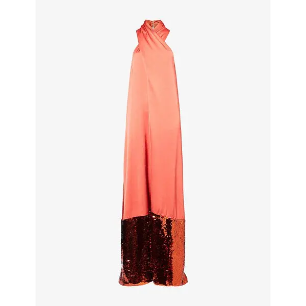 DIMA AYAD Woven Halterneck Maxi Dress With Sequin Hem
