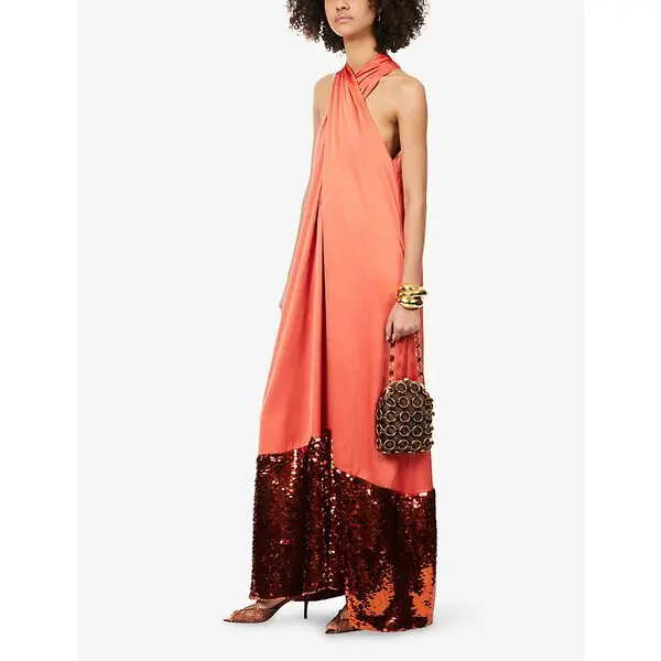 DIMA AYAD Woven Halterneck Maxi Dress With Sequin Hem