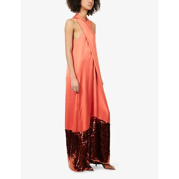 DIMA AYAD Woven Halterneck Maxi Dress With Sequin Hem
