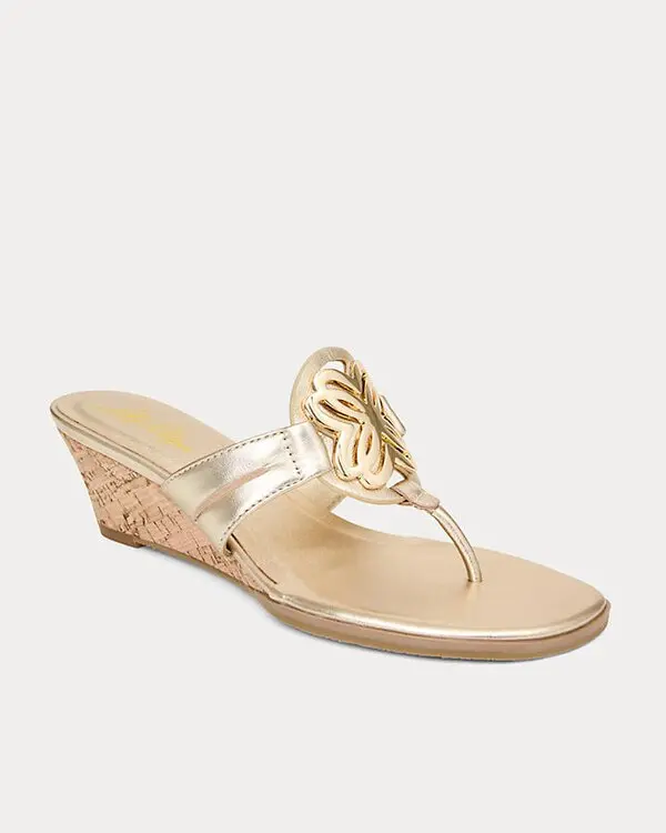 LILLY PULITZER Logo Medallion Wedge Sandals - Gold Metallic
