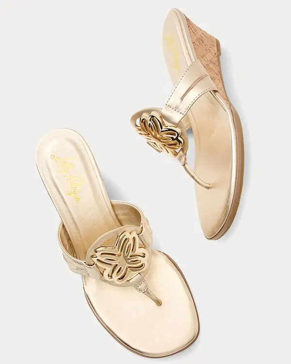 LILLY PULITZER Logo Medallion Wedge Sandals - Gold Metallic