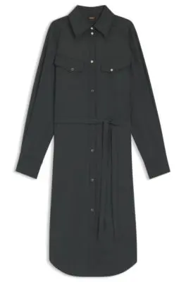 BOSS Belted Shirt Dress In Sandwashed Fabric - Light Grey