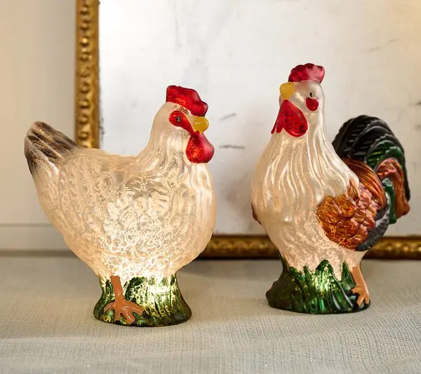 VALERIE PARR HILL S/2_illuminated Mercury Glass Rooster And Hen Valerie - One-color
