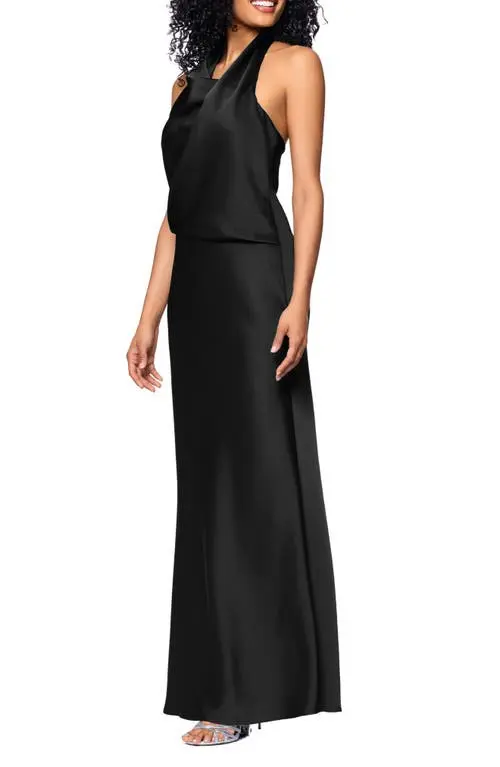 Betsy & Adam Drape Satin Halterneck Gown - Black