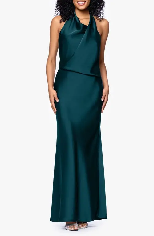 Betsy & Adam Drape Satin Halterneck Gown