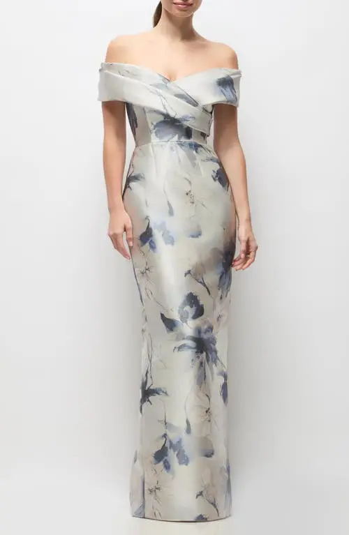 Alfred Sung Constance Off-the-shoulder Column Gown - Ink Wash Blue Floral