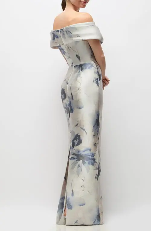 Alfred Sung Constance Off-the-shoulder Column Gown - Ink Wash Blue Floral