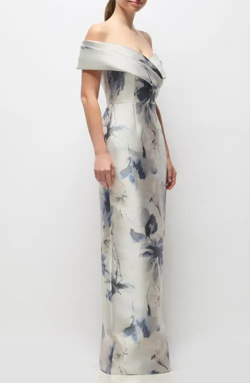 Alfred Sung Constance Off-the-shoulder Column Gown - Ink Wash Blue Floral