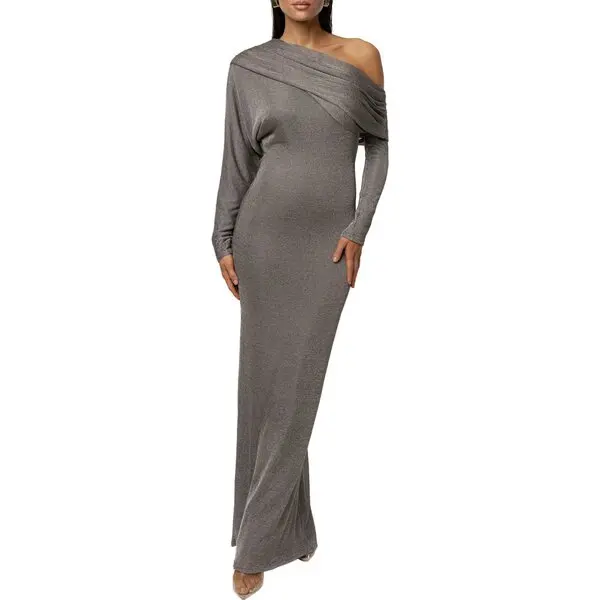 JLUXLABEL Drape & Shine Metallic One-shoulder Long Sleeve Knit Dress - Silver