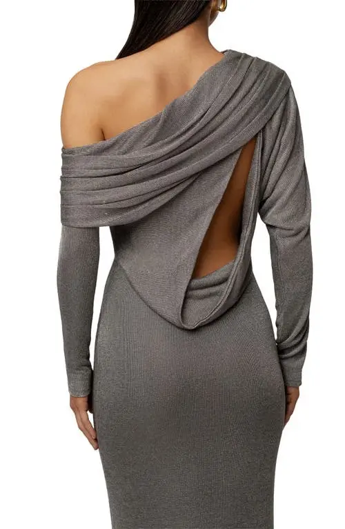 JLUXLABEL Drape & Shine Metallic One-shoulder Long Sleeve Knit Dress - Silver
