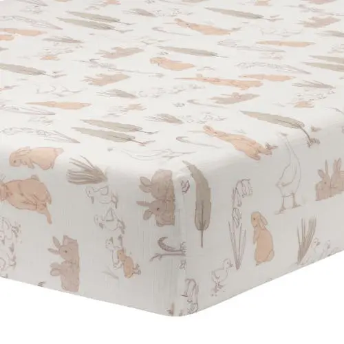 LAMBS & IVY Signature Bunny Hop Organic Cotton Muslin Baby Fitted Crib Sheet - Cream
