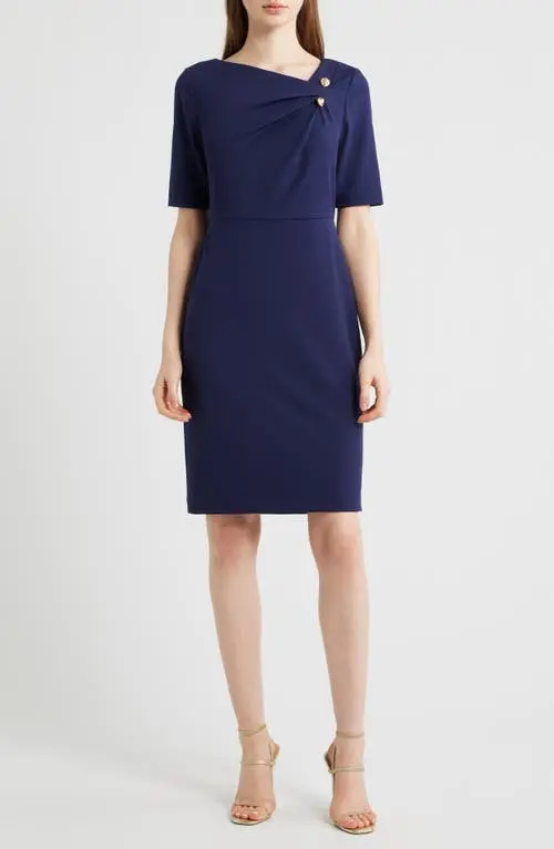 Anne Klein Bar Pin Asymmetric Sheath Dress - Deep Navy