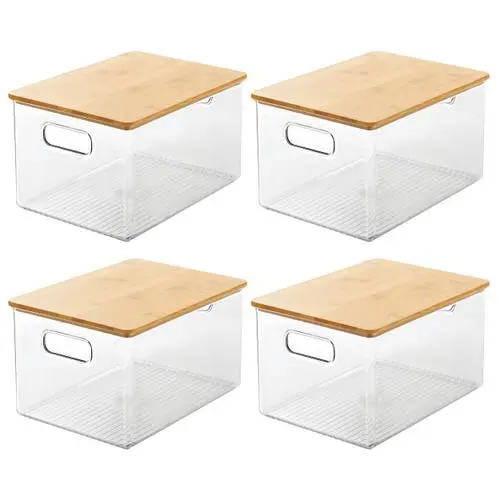 MDESIGN Plastic Kitchen Storage Boxlid, Handles, 4 Pack - Clear