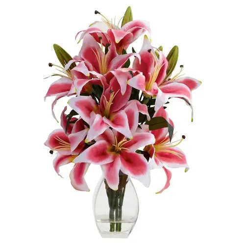 NEARLY NATURAL Rubrum Lily With Decorative Vase - Pink/white/green