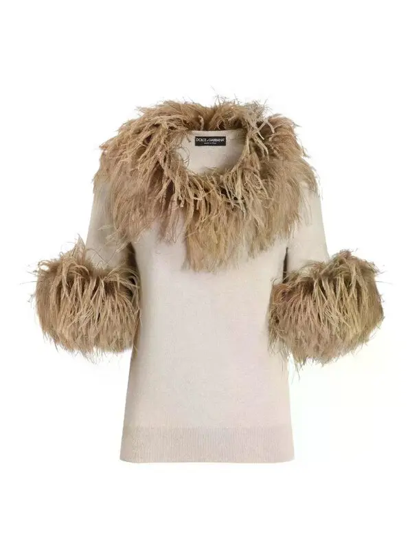 Dolce & Gabbana Feather-trim Cashmere Top - Neutrals