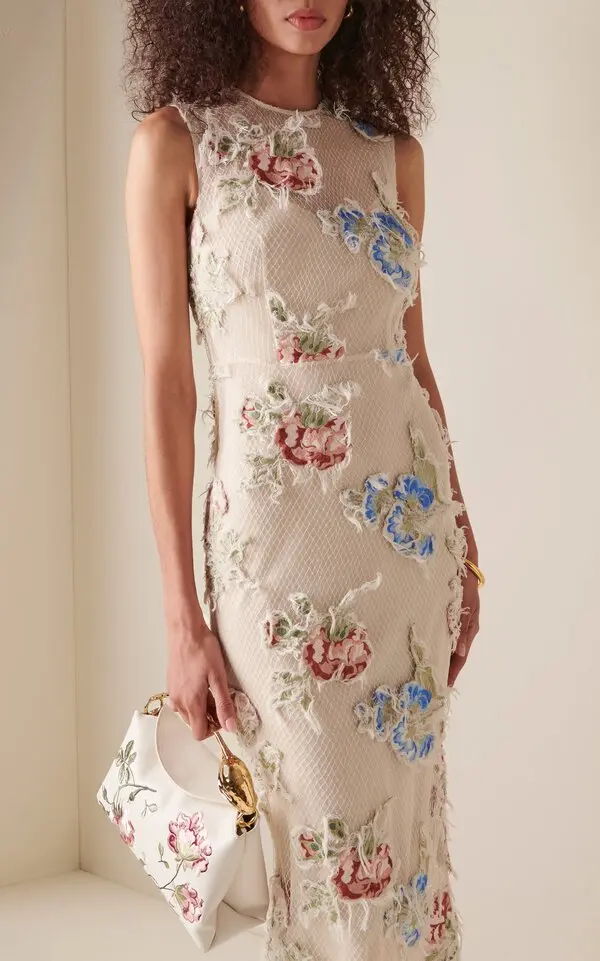 Erdem Embroidered Shredded Mesh Midi Dress