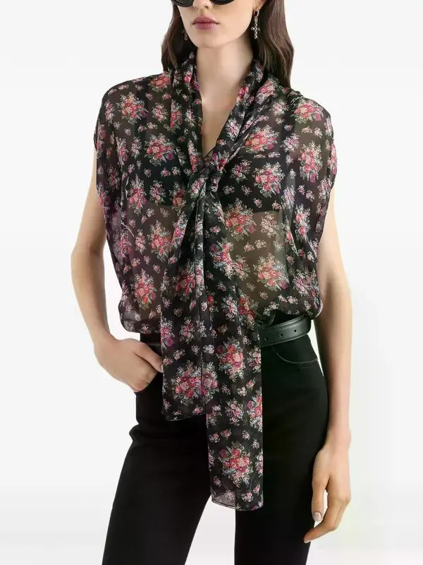 Dolce & Gabbana Floral Print Sleeveless Bow Blouse