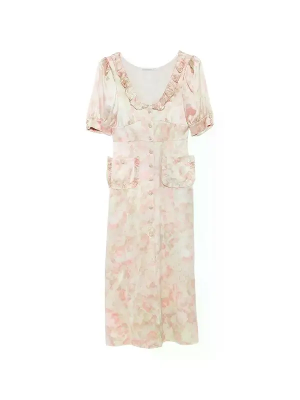 Alessandra Rich Floral Print Silk Satin Midi Dress With Puff Sleeves - Neutrals