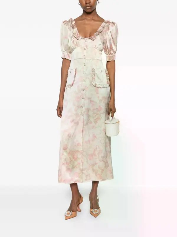 Alessandra Rich Floral Print Silk Satin Midi Dress With Puff Sleeves - Neutrals
