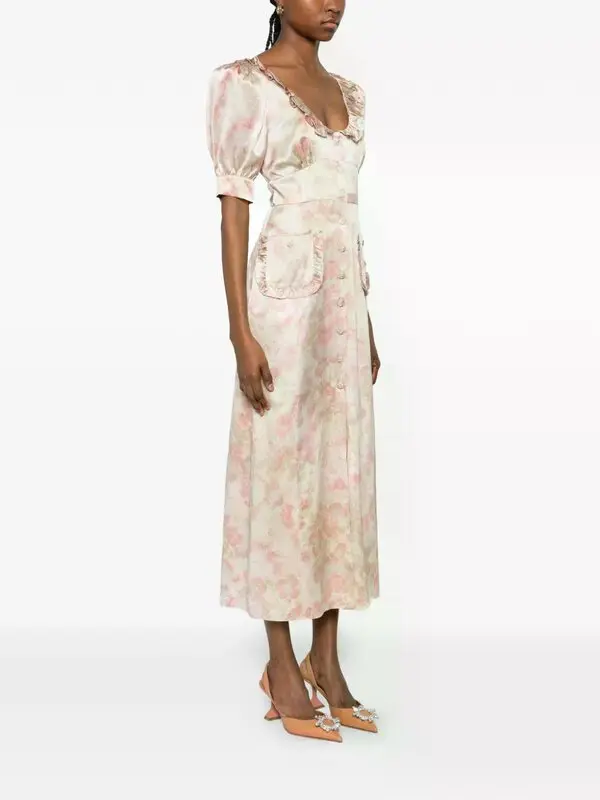 Alessandra Rich Floral Print Silk Satin Midi Dress With Puff Sleeves - Neutrals