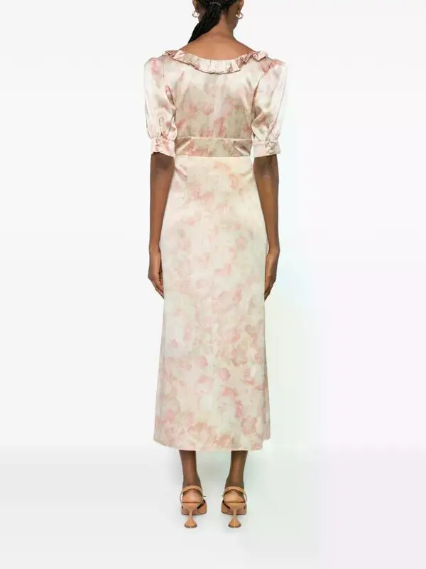 Alessandra Rich Floral Print Silk Satin Midi Dress With Puff Sleeves - Neutrals