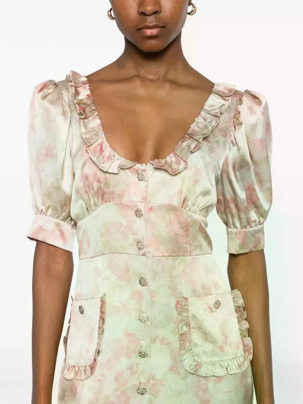 Alessandra Rich Floral Print Silk Satin Midi Dress With Puff Sleeves - Neutrals