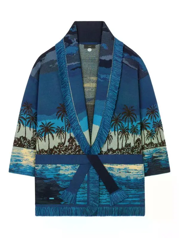 Alanui Landscape Pattern Fringed Cardigan-coat - Blue
