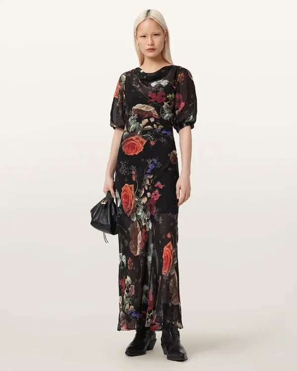 ALLSAINTS Tiwa Floral Midi Dress - Black