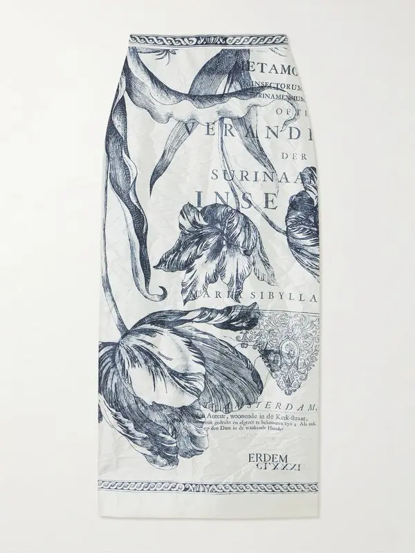 Erdem Printed Crinkled-satin Midi Skirt