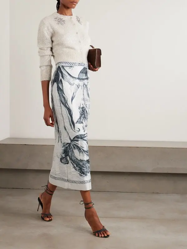 Erdem Printed Crinkled-satin Midi Skirt