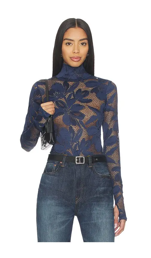 AFRM Zadie Crochet Floral Turtleneck Top - Black Iris