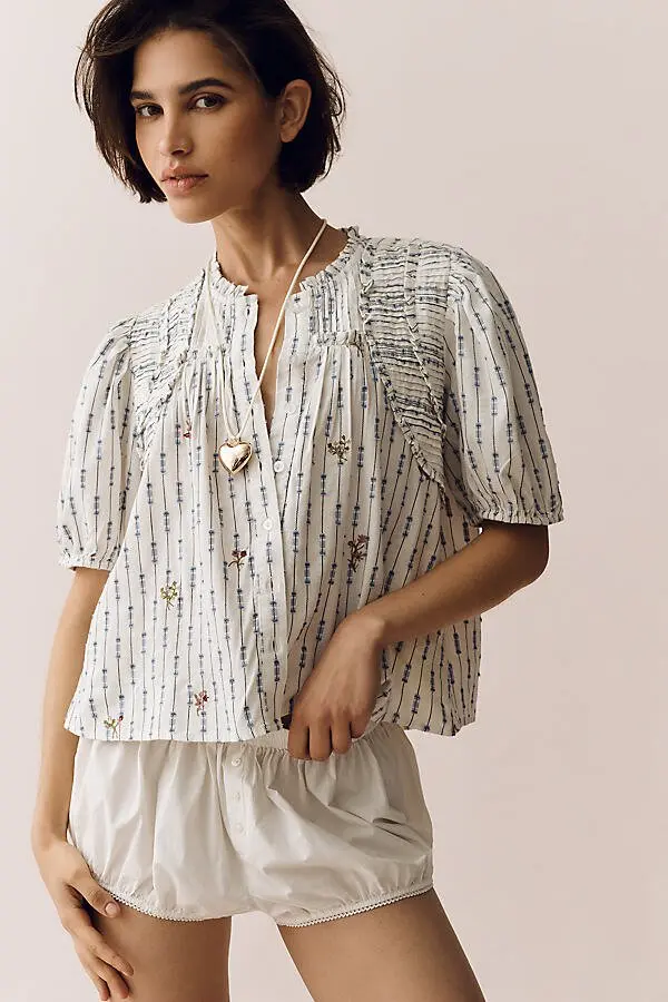 Anthropologie Cotton Crop Swing Top - Blue Dot