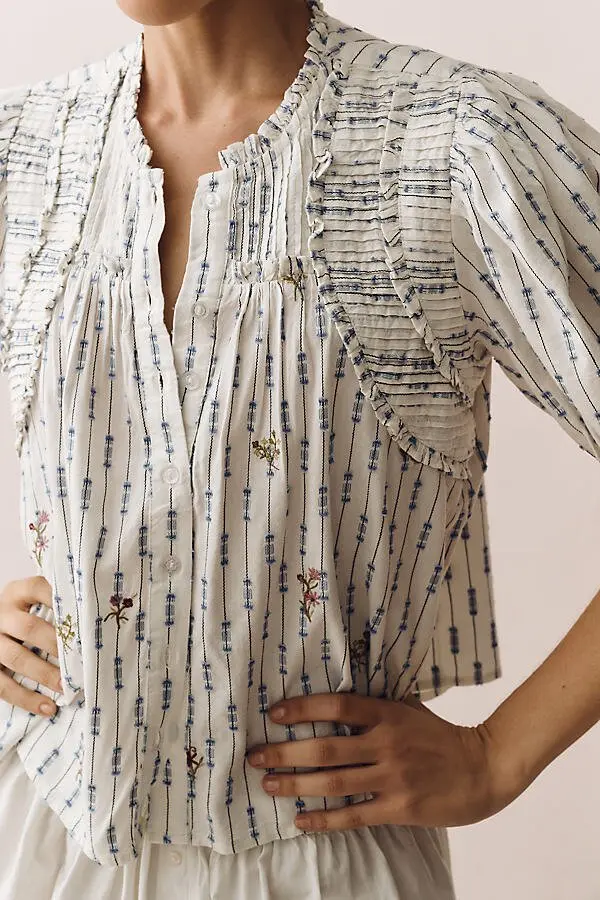 Anthropologie Cropped Swing Top With Pleating And Ruffle Neckline - Blue Dot