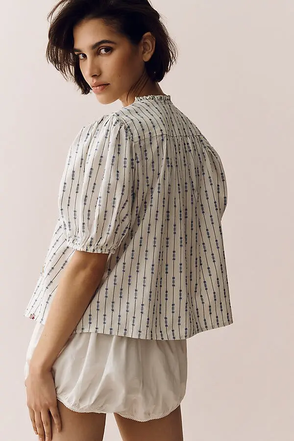 Anthropologie Cropped Swing Top With Pleating And Ruffle Neckline - Blue Dot