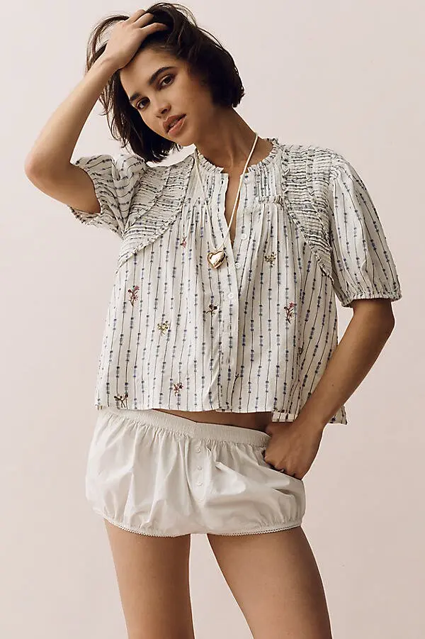 Anthropologie Cropped Swing Top With Pleating And Ruffle Neckline - Blue Dot