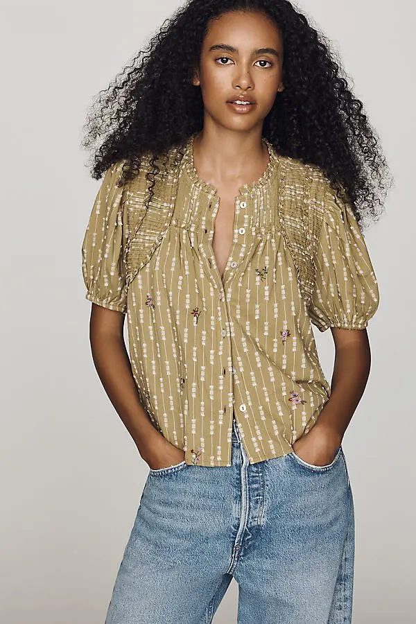 Anthropologie Cotton Blend Cropped Swing Top With Ruffle Neckline - Cedar Dot