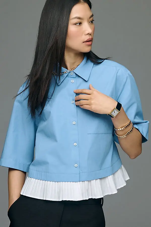 Maeve Short Sleeve Pleated Hem Top - Blue